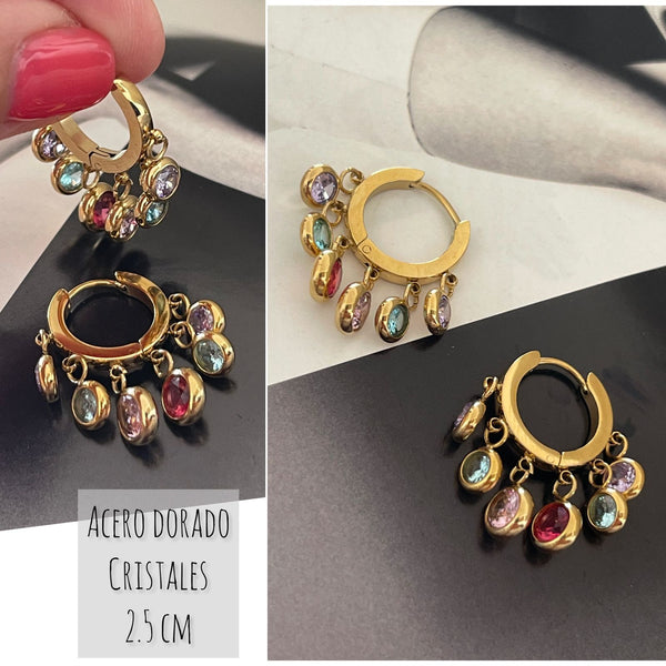Aros Hippie Chic seis cristales coloridos en acero dorado. – hippiechic.cl